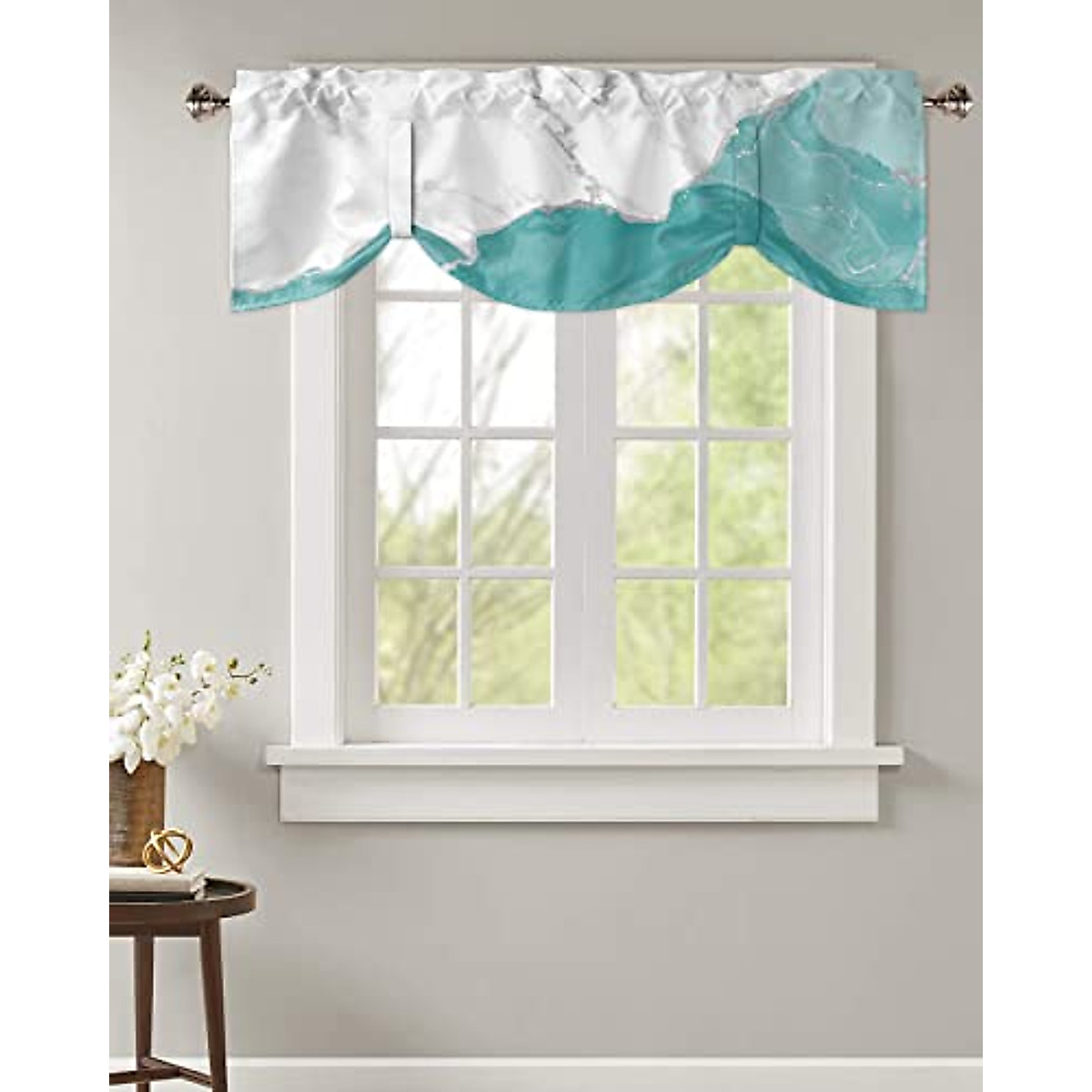 Segard Tie Up Valance for Windows,Marble Turquoise Gold and White Colors Kitchen Valances Adjustable Rod Pocket Window Shade Valance,Ink Painting Short Curtains Window Treatment for Bedroom 60x18in