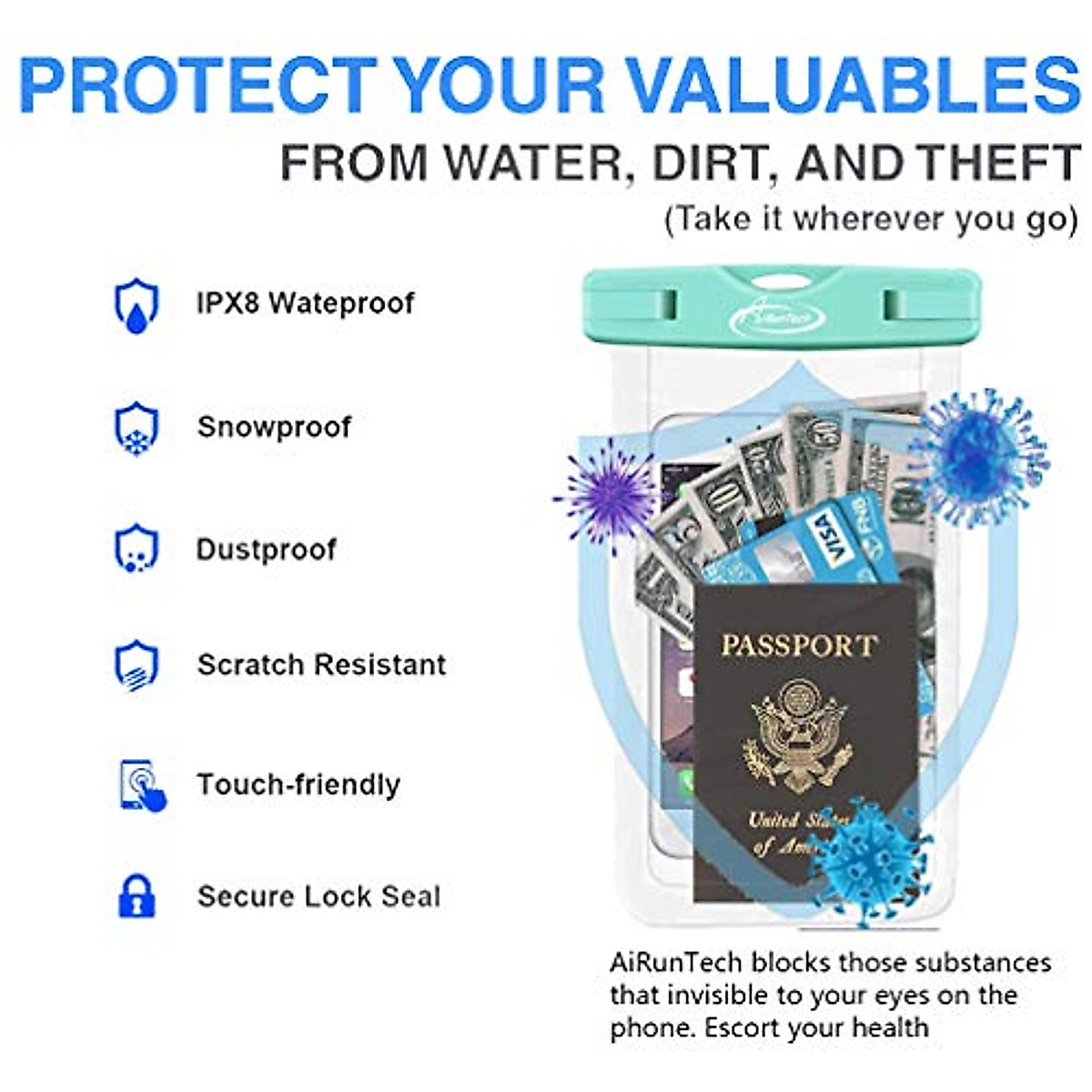 AiRunTech Waterproof Pouch | Way to Keep Your Phone and Valuables Safe and Dry | for Boating Swimming Snorkeling Kayaking Beach Pool (2 Phone Cases(Green + Black) + 2 Fanny Packs(Black + Blue)