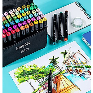 ATOPSTAR 80 Colors Alcohol Markers Artist Drawing Art Markers for Kids Dual Tip Markers for Adult Coloring Painting Supplies Perfect for Kids Boys Girls Students Adult(80 Black Shell)