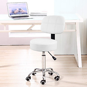 KKTONER Round Rolling Stool with Back PU Leather Height Adjustable Swivel Drafting Work SPA Salon Stools Chair with Wheels White