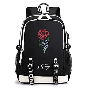 FDGDFG Black/white Rose Aesthetic Backpack Skeleton Hand Red Rose Flower Goth Gothic Soft Grunge Laptop With USB Port (Black8)