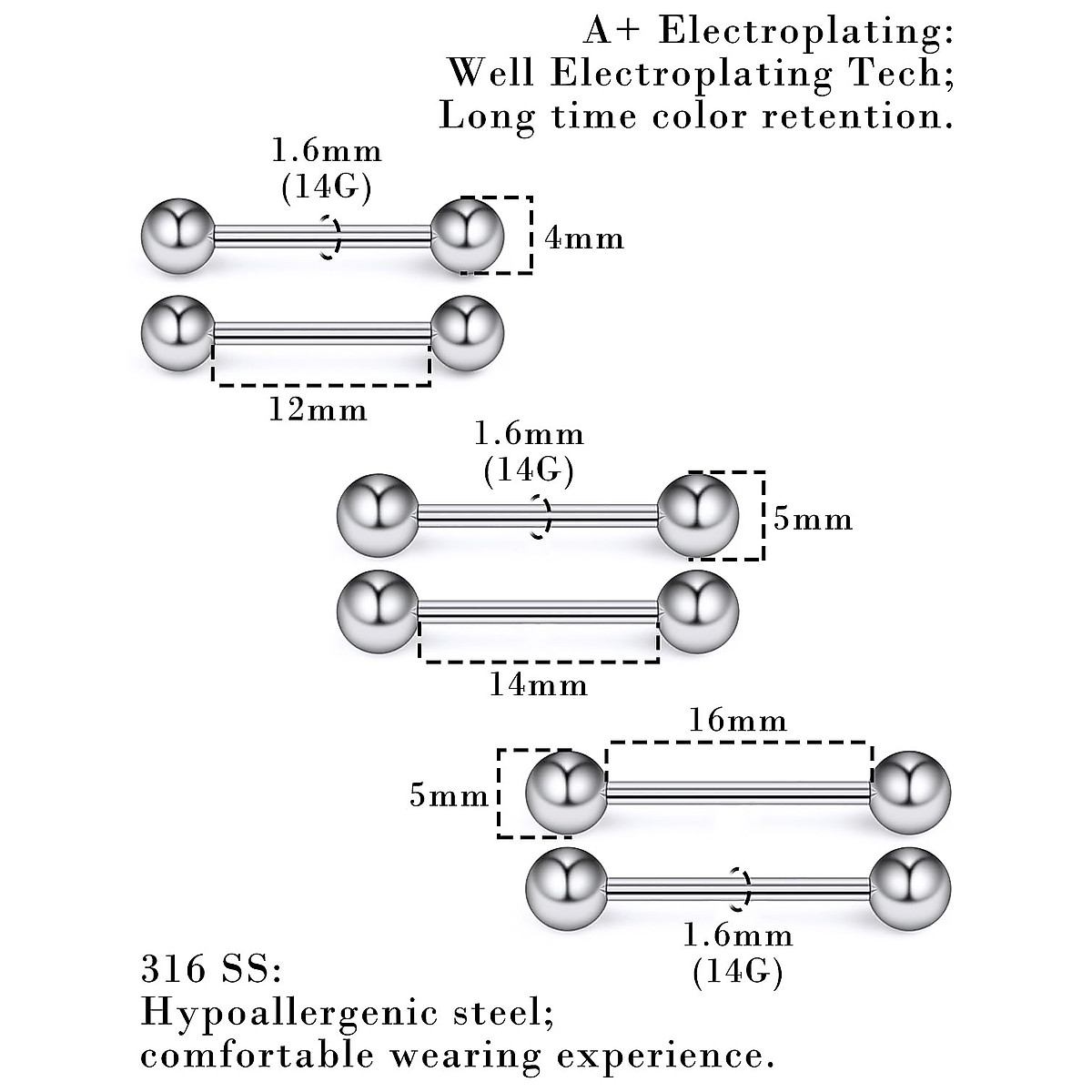 Ruifan 12PCS 14G Surgical Steel Shiny Ball Nipple Tongue Shield Ring Barbell Body Piercing Jewelry Retainer 12mm 14mm 16mm - Silver