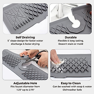 Kitchen Sink Splash Guard Behind Faucet 24 inch | Kitchen Faucet Mat Splash Guard Sink Accessories | Longer Mat, Self-Draining Inclined Slope Design, Durable, Dishwasher Safe, Adjustable Hole