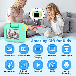 1080P Kids Camera, Underwater kids Waterproof Camera Kids Digital Camera Gifts for Boys Girls Age 3-13 HD Mini Children Camcorder 2.4 Inch IPS Screen with 32GB Card and Soft Silicone Case