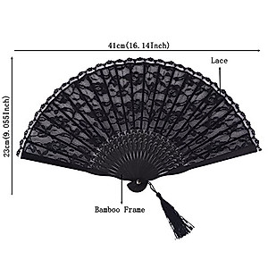 Meifan Womens Multi Color Handmade Cotton Lace Folding Hand Fan (Black-A)