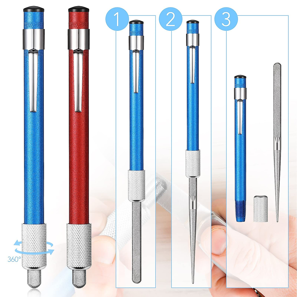 2 Pieces Diamond Retractable Knife Sharpener Steel Sharpening Rod for Kitchen Outdoor Serrated Stick Tools (Sky Blue, Red)