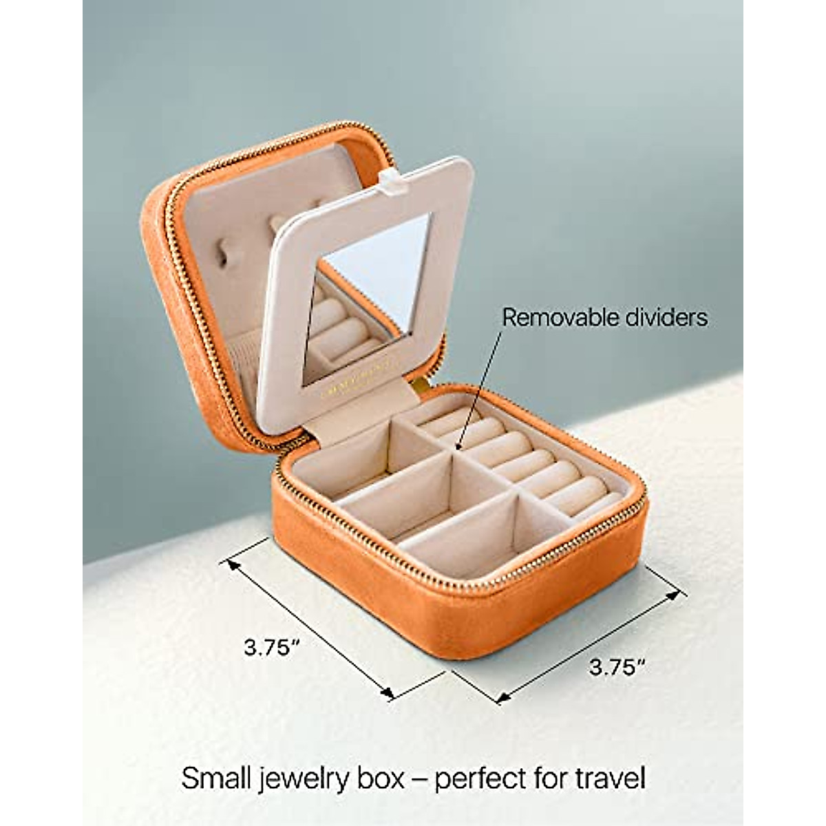 Plush Velvet Travel Jewelry Box Organizer | Travel Jewelry Case, Jewelry Travel Organizer | Small Jewelry Box for Women, Jewelry Travel Case | Earring Organizer with MIrror - Orange