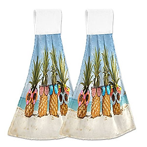SLHKPNS Pineapples with Sunglasses Kitchen Hanging Hand Towels, Funny Beach Absorbent Tie Towel with Loop 2 PCS Kitchen Linen Sets for Bathroom Restroom Home Decor