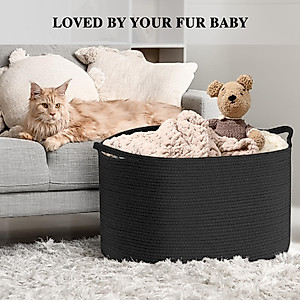 Blanket Basket Living Room, Cotton Rope Basket for Storage, Maliton Woven Extra Large Basket, 22" x 14" Nursery Laundry Basket with Handles, Toy Storage Basket Bin for Baby and Pet, Black