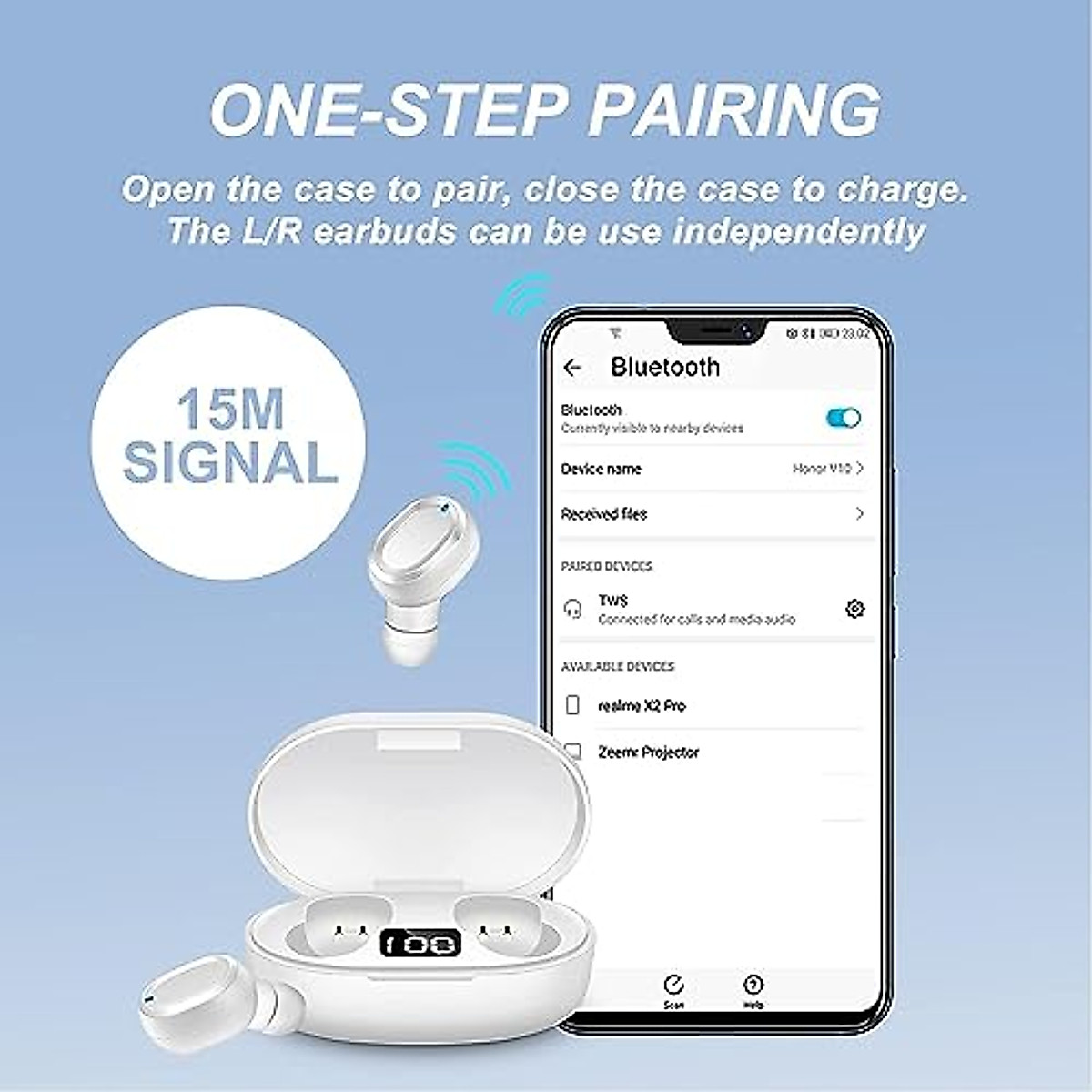 Wireless Earbuds, Bluetooth 5.3 Headphones 30H Playtime Wireless Charging Case & LED Power Display Deep Bass IPX7 Waterproof Earphones Microphone Stereo Headset for Sports/Workout/Gym(White)