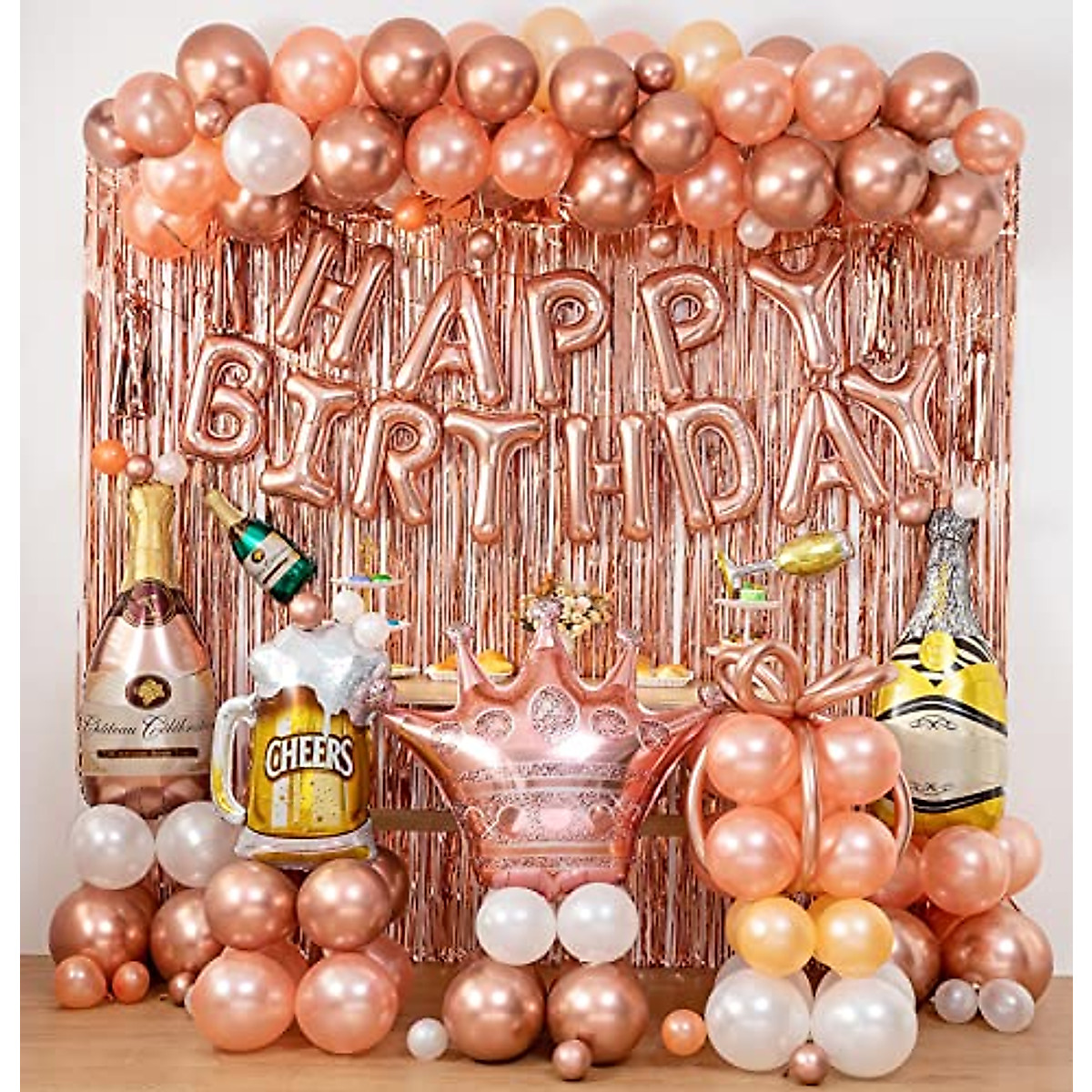 Rose Gold Birthday Party Background Decoration&Balloons Arch Kit,Crown,Rose Gold Happy Birthday Banner,Fringe Curtain,Balloon gift box,Sweet 16 18th 21st 30th Birthday for Women Girls