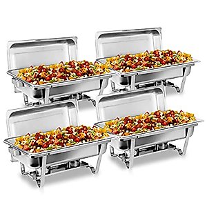 SUPER DEAL 8 Qt Stainless Steel 4 Pack Full Size Chafer Dish w/Water Pan, Food Pan, Fuel Holder and Lid For Buffet/Weddings/Parties/Banquets/Catering Events (4)