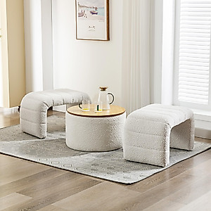 ONEVOG Large Ottoman Round Storage Ottoman with Wooden Lid, Living Room Round End Table No Assembly Required, Durable Boucle Fabric, Multipurpose End Table Support 300lbs