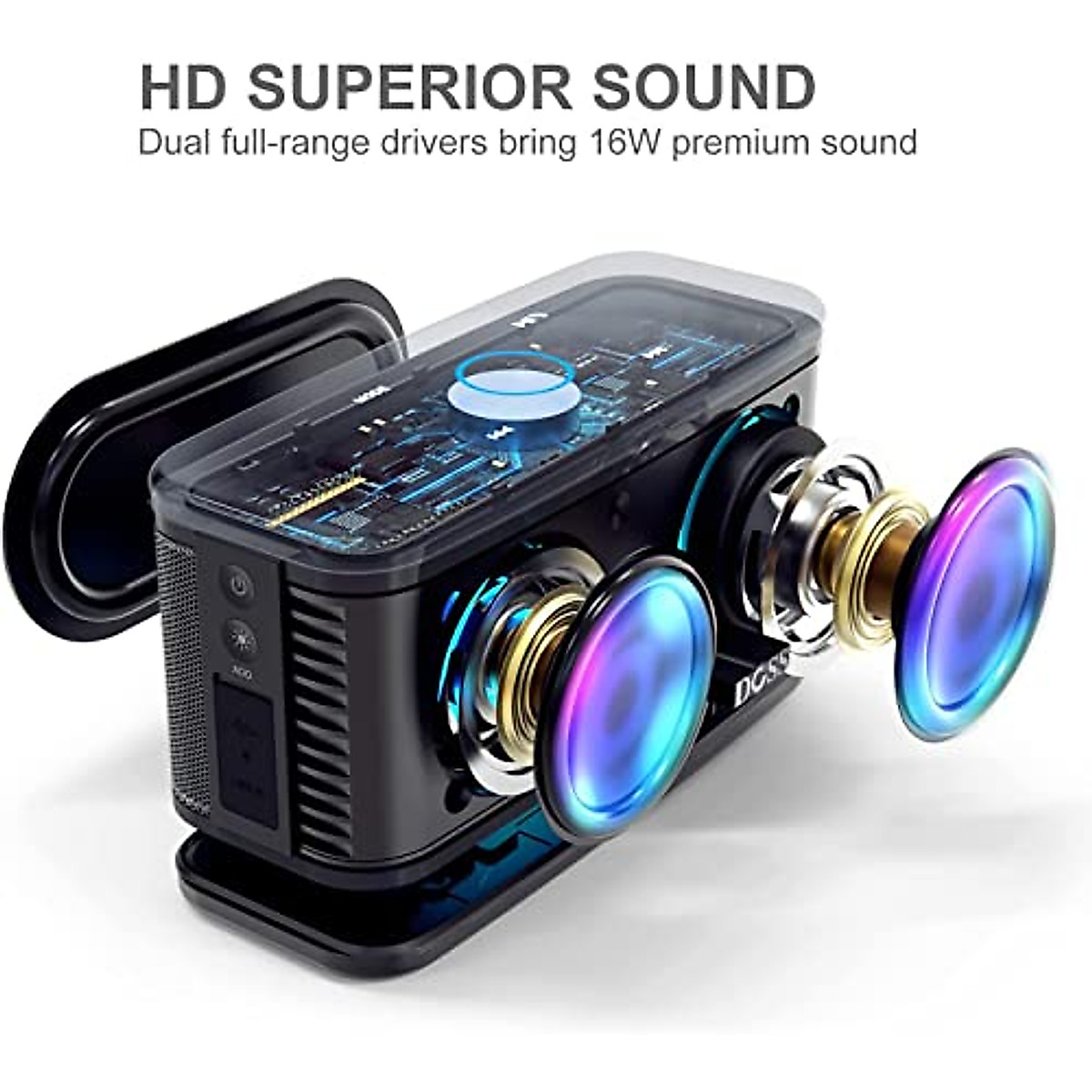 DOSS SoundBox Plus Portable Speaker with HD Sound and Deep Bass, Wireless Stereo Paring, Touch Control, Muti-Colors Led Lights, 20H Playtime, Wireless Speaker for Phone, Tablet, and More -Deep Black