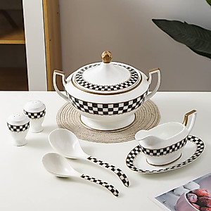 Porlien Checker Dinner Serving Set with Soup Tureen, Soup Ladles, Gravy Boat with Ladle and Stand and Salt & Pepper Shaker