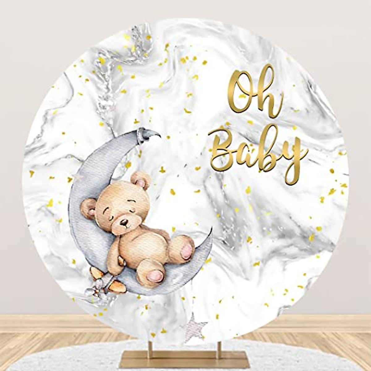 Canessioa 7.5x7.5ft Oh Baby Bear Round Backdrop Cover Gold Sequins Abstract Grey White Marble Texture Baby Shower Round Backdrop Polyester Gender Reveal Party Newborns Boy Baby Shower Round Backdrop
