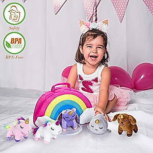 Stuffed Toy Unicorn Animal Set – Set of 5 Stuff Toys for Toddlers - with Rainbow Carry Bag - 2 Unicorns, Kitty, Puppy, and Narwhal – Toddler Gifts for Girls Age 3, 4, 5, 6, 7, 8 Year Old