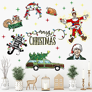 Mfault Merry Christmas Wall Decals Stickers, Funny Xmas Vacation Santa Claus Squirrel Christmas Tree Decorations Bedroom Art, 2025 New Year Party Living Room Home Kitchen Decor Holiday Gifts