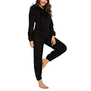 chouyatou Women's Ultra Comfy Lounge Furry Sherpa Romper Onesie Pajamas Cute Ear Hood (Large, Black)