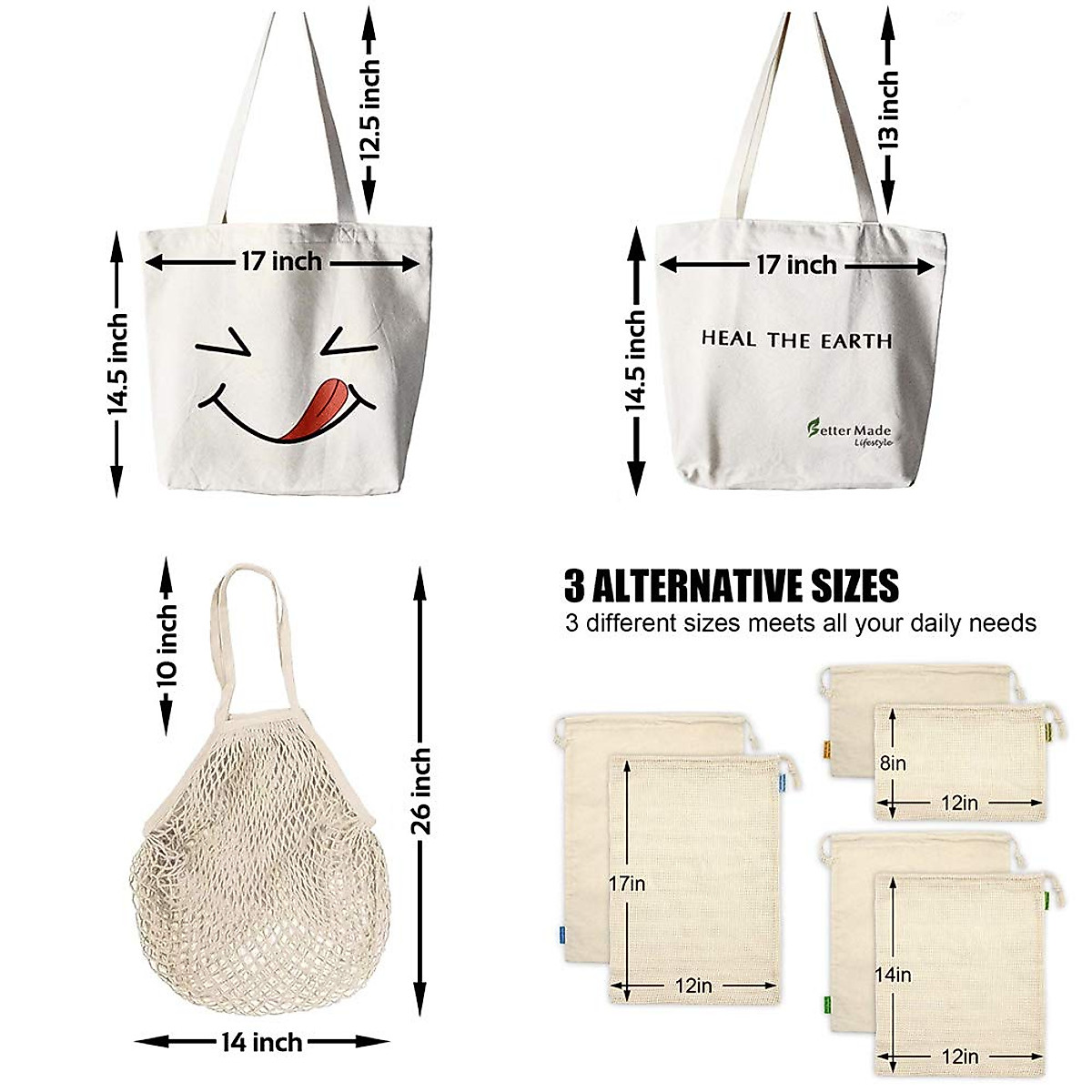 Organic Cotton Grocery Bag Value Bundle: Durable Washable Canvas Totes, Mesh Bags w/tare weight labels- 6pcs