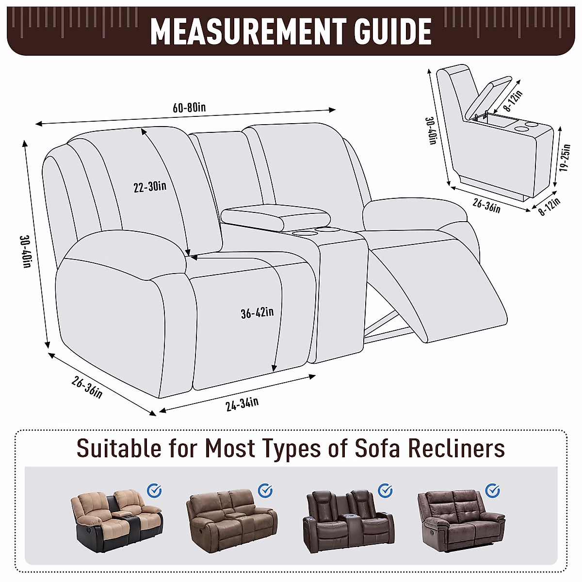 TAOCOCO Recliner Loveseat Cover with Middle Console Sofa slipcover, Stretch Reclining Sofa Covers for 2 Seat Reclining Couch, Jacquard Pattern Soft Loveseat Slipcover Furniture Protector, Dark Coffee
