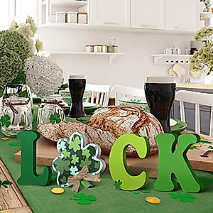 4 Pieces St. Patrick's Day Decorations Lucky Letter Wooden Table Signs Shamrock Table Centerpiece for Gift Tabletop Desk Party Home Tray Decor