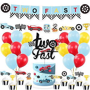 Race Car Two Fast Party Decorations Supplies Racing Theme 2nd Birthday Party Banner Race Car Second Birthday Cake Topper Checkered Flags Balloons for Let's go Racing Theme Sports Event Party Supplies