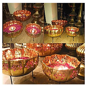Crafty Jaipur Iron Lotus Urli/Pot -Floating Flower/Candle Festive/Diwali/Wedding Decor Set of 13 Pieces: 14/12/10 with Stand,7 Votives/Bowl of 3.5 inch Festival/Wedding/Christmas Decoration, Golden