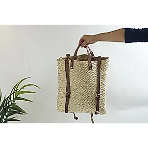 Straw Beach Backpack Basket - French Market Basket - Picnic Moroccan Basket - Made with Seagrass Palm Leaf and Leather Strap - Boho and Hipster Backpack