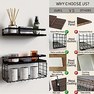 WXCGX Floating Shelves, Rustic Floating Shelves Wood Over Toilet with Paper Storage Basket, Farmhouse Wall Mounted Shelves Floating Shelf for Bathroom Bedroom Wall Decor Living Room Kitchen (Black)