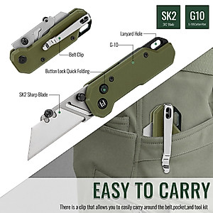 HIGHTRON Vectron Folding Utility Knife Box Cutter,Box Cutter Knife,Pocket Carpet Knife,Razor Knife with G10 Handle&Belt Clip,Quick-change Blade,Utility Pocket EDC Knife with 10 Extra SK2 Blades(Green)