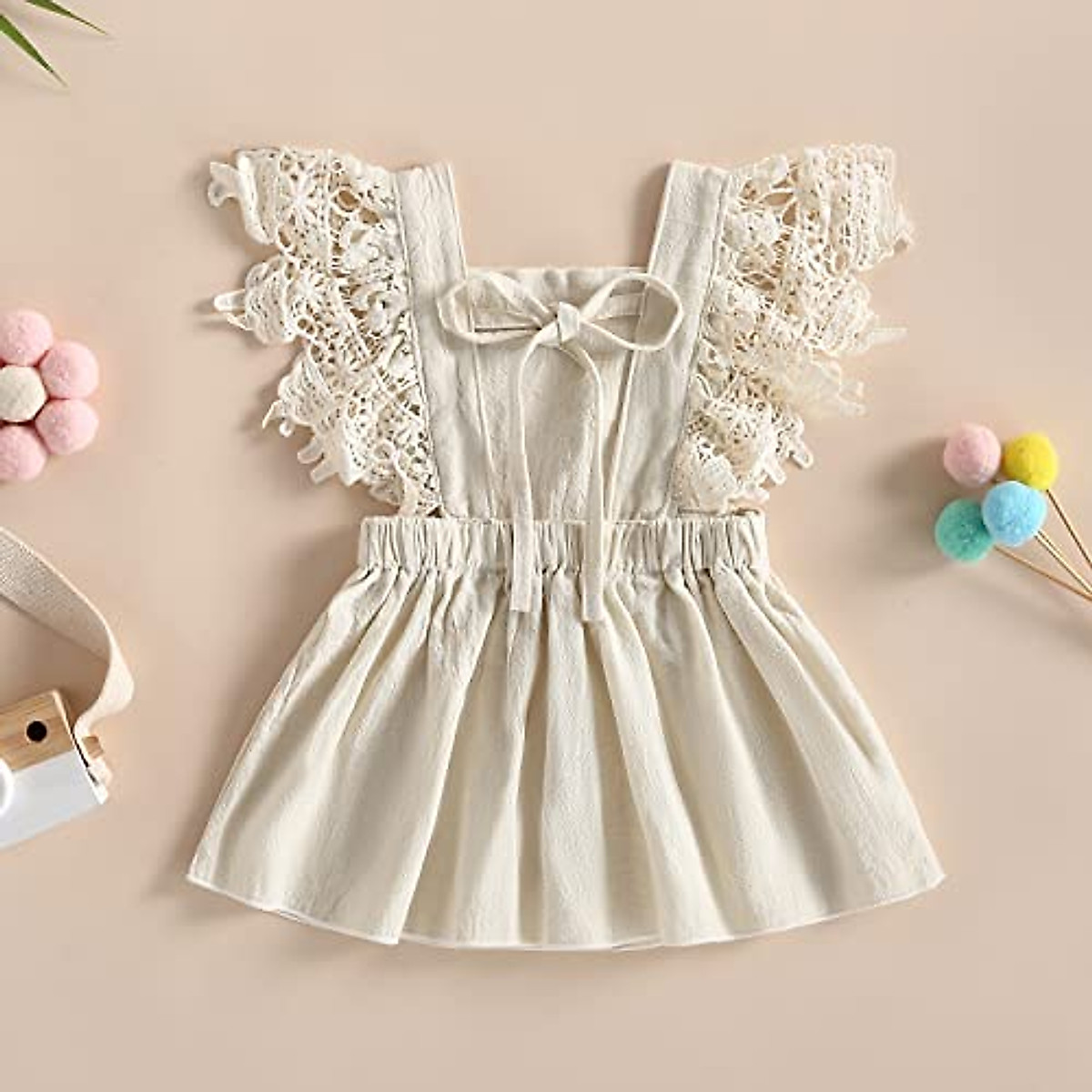 Mubineo Toddler Baby Girl Summer Linen Dress Newborn Lace Princess Overall Dress Sundress (Beige, 18-24 Months)