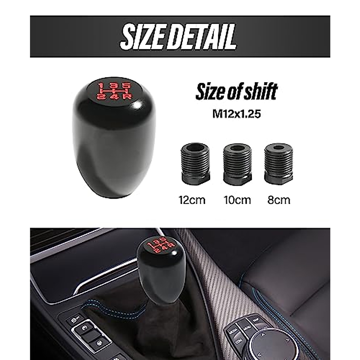 ESEWALAS Gear Shift Knob,5 Speed Manual Gearbox Shift Knob,Car Modification Manual Knob Gear Shift Head Shifter,M12x1.25 Screw On Aluminum,Manual Gear Shift Knobs Replacement Fit(Black)