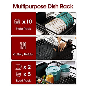 Sakugi Dish Drying Rack - Compact Dish Rack for Kitchen Counter with a Cutlery Holder, Durable Stainless Steel Kitchen Dish Rack for Various Tableware, Dish Drying Rack with Easy Installation, Black