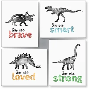 Confetti Fox Dinosaur Wall Art for Little Boys Room, Baby Nursery Posters, Motivational Kids Playroom Dino Decor, Toddler T-Rex Positive Affirmations Quotes (8x10 Unframed Set of 4 Prints)