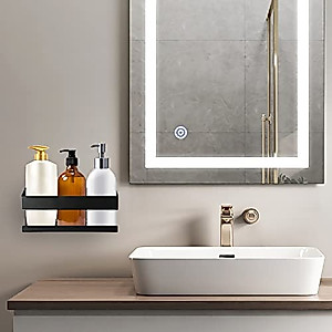 AUMIO Bathroom Shelves Wall Mounted, Floating Shelves Bathroom, Bathroom Shelf Shower Caddy with 2 Hooks Stainless Steel No Drilling Storage Organizer, Wall Shelf for Bathroom Kitchen Toilet Black