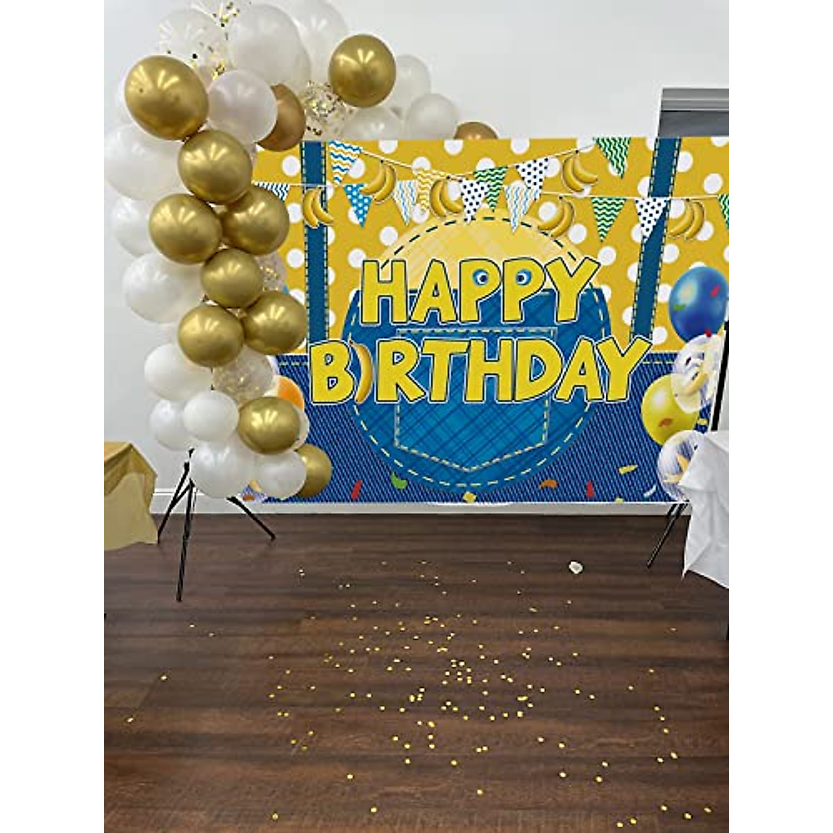 Yellow Happy Birthday Backdrop Cowboy Banana Balloon Flag Cartoon Birthday Photography Background Kids Baby Shower Boy Party Cake Table Decorations Banner Photo Props (6x4FT)