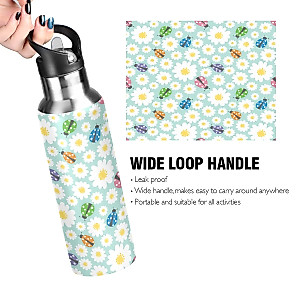 linqin Flowers and Ladybugs Stainless Steel Insulated Water Bottle with Straw, BPA Free Leakproof Reusable Drink Jug for Fitness Sports Hiking Outdoors