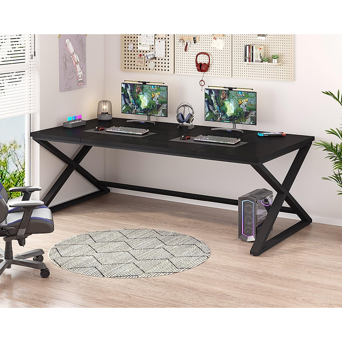 IBF Large Black Computer Desk, 70.8” Long Writing Desk for Home Office, Modern Simple Executive Work Study Desk for Two Person, Wood Double PC Gaming Workstation Computer Table for Bedroom, Black Oak