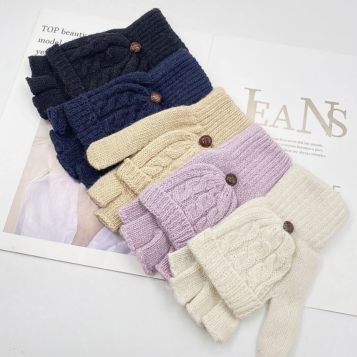 Beurlike Women's Winter Gloves Warm Wool Knitted Convertible Fingerless Mittens (Black)