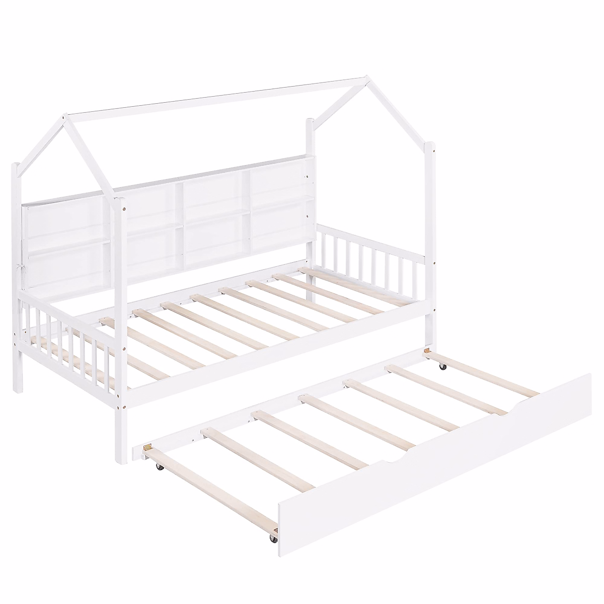 Merax Wood Twin Montessori Daybed with Trundle and Book Shelf, Low Sofa Day Bed for Boys Girls,No Box Spring Needed White