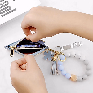DOMUUH Wristlet Bracelet Keychain Wallet, Pocket Credit Card Holder Purse Tassel Key Chain Bangle Key Ring for Women (Blue)
