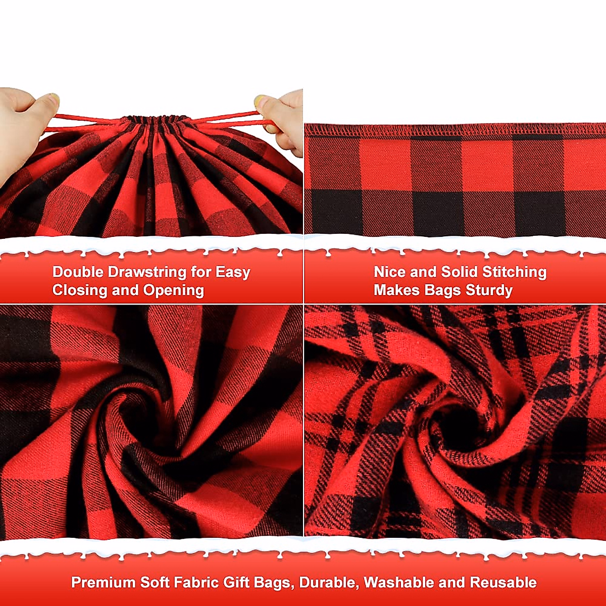 HRX Package 2pcs Cotton Santa Bag, 28x20 inch Plaid Fabric Drawstring Christmas Bags, Reusable Cloth Wrapping Bag with Gift Tag for Xmas Presents