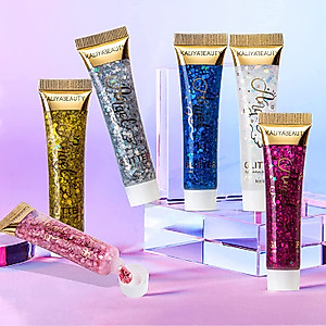 Beteligir 6pcs Face Body Glitter, Concert Glitter Gel, Face Eye Hair Music Festival Rave Accessories Makeup,Sparkling Body Glitter Gel for Women