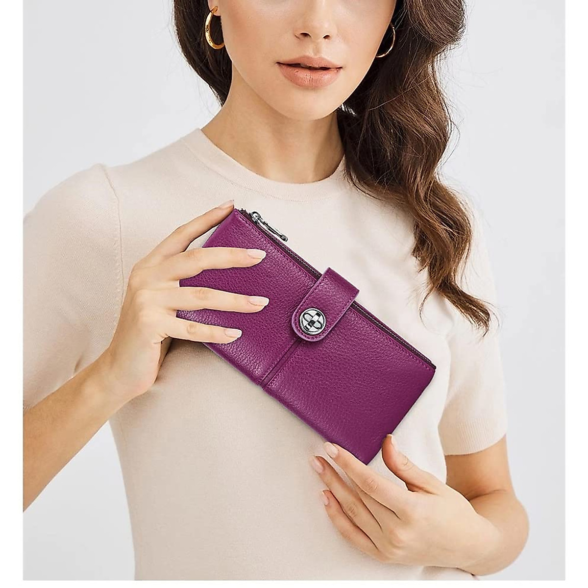 Leather three-layer womens wallet, mobile phone bag, long buckle leather wallet, certificate bag and zero wallet