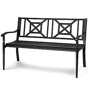 Tangkula Outdoor Garden Bench Park Bench, Patio Steel Bench Chair with Rustproof Frame, Heavy Duty Loveseat Bench for 2-3 People, Deck Bench Chair, Ideal for Garden, Balcony, Lawn, Porch, Park