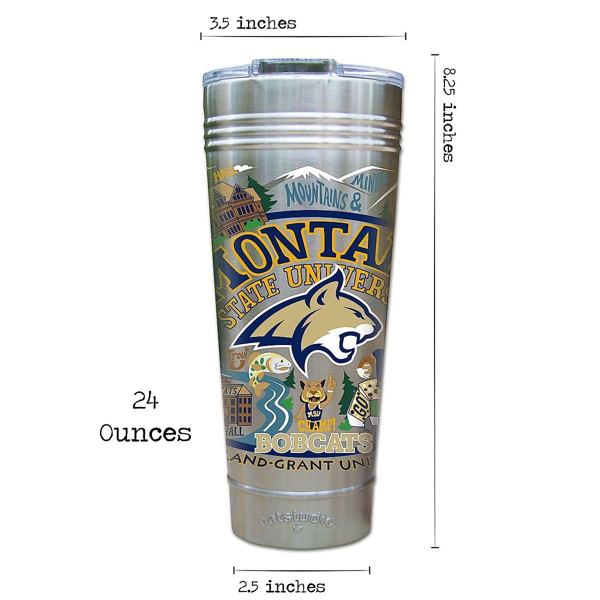 Catstudio Montana State University Collegiate Thermal Tumbler | Triple Wall Insulation With Non Slip Bottom | Great College Travel Cup for Water, Coffee, Tea, or Smoothies
