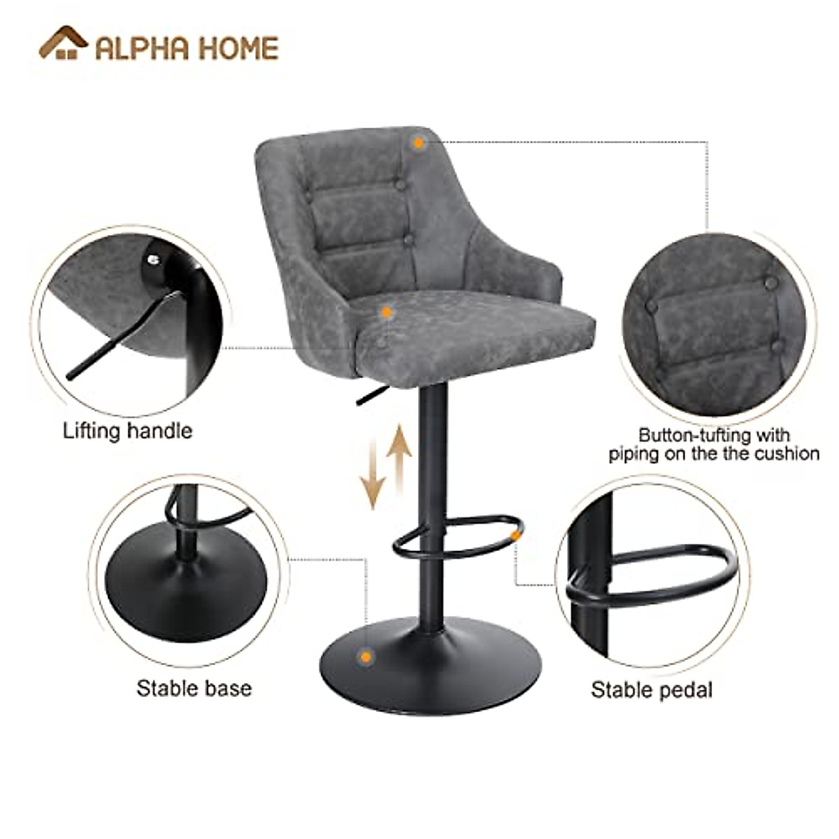 ALPHA HOME Swivel Bar Stool Adjustable Airlift Counter Height Bar Stool Kitchen Dining Cafe Hydraulic PU Leather Bar Chair with Padded Back and Black Chromed Metal Base, Grey,1PC