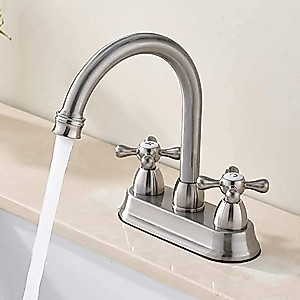 SHACO Brushed Nickel Bathroom Faucet, 4 Inch Centerset RV Camper Bathroom Faucet, 2 Cross Handle 360° Swivel Spout Lavatory Basin Bath Vanity Bathroom Faucets for Sink 3 Hole or 2 Hole