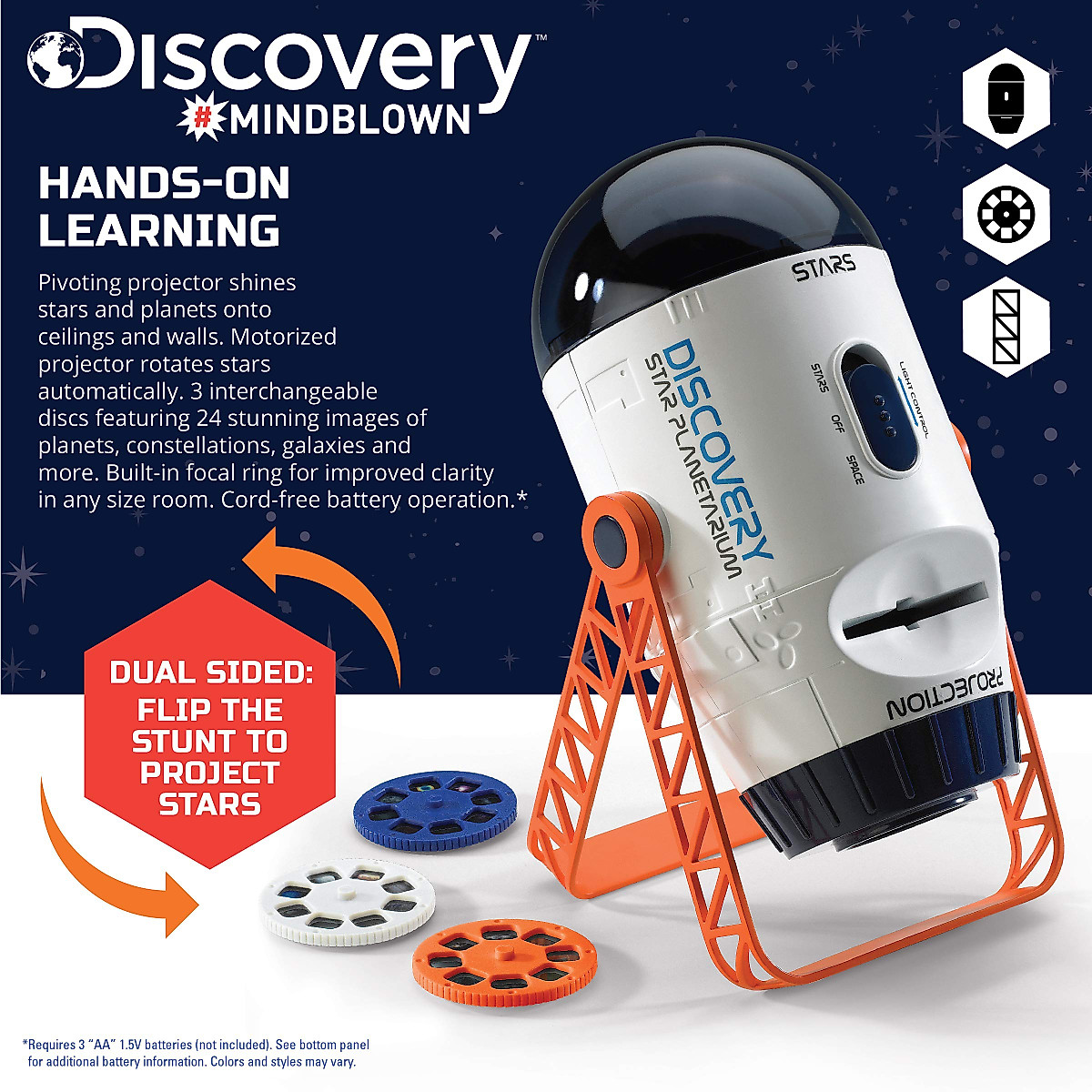 Discovery #MINDBLOWN 2-in-1 Reversible Planetarium Space Projector, 24 Images, 360-Degree Rotation, Moving Stars and Stationary Modes, Displays Planets Nebula Stars Constellations, Kids Astronomy Toy